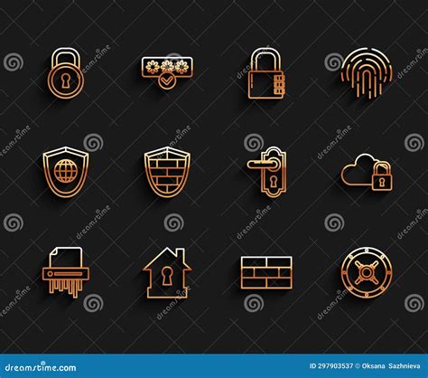 Set Line Paper Shredder Confidential House Under Protection Lock Bricks Safe Shield With