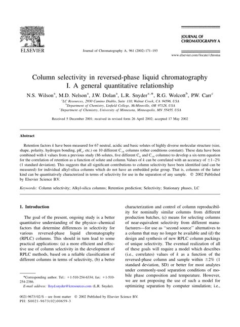 Pdf Column Selectivity In Reversed Phase Liquid Chromatography I A General Quantitative