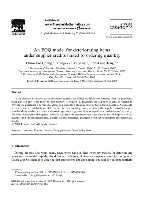 Pdf An Eoq Model For Deteriorating Items Under Supplier Credits Linked To Ordering Quantity