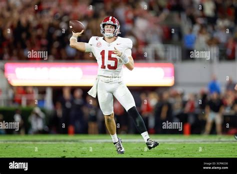 Alabama Quarterback Ty Simpson 15 Passes The Ball During The First