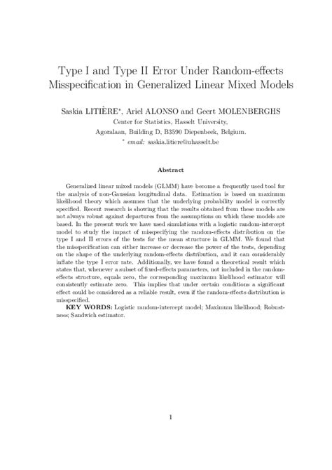 Pdf Type I And Type Ii Error Under Random Effects Misspecification In Generalized Linear Mixed