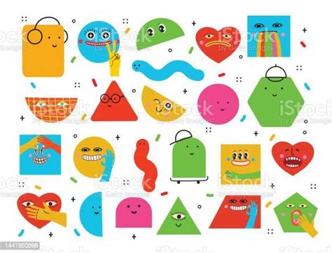 얼굴 감정과 기하학적 인 캐릭터 모양의 벡터 일러스트레이션 어린이 교육을위한 귀여운 다채로운 모양 교육에 대한 스톡 벡터 아트