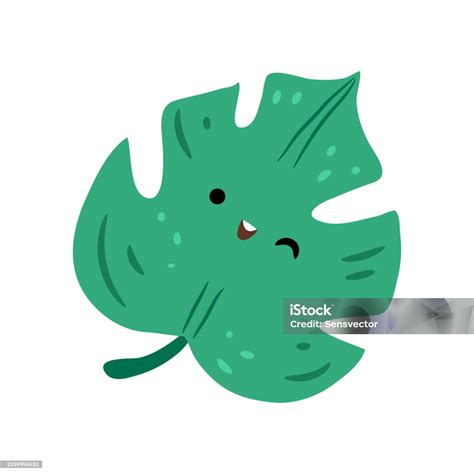 여름 행복 한 열대 잎 아이콘 벡터 윙크 몬스테라 단풍 장난기 넘치는 표정을 가진 귀여운 만화 캐릭터 카와이 고립된 이국적인 정글 식물 미소를 짓는 여름철 인물 가공의