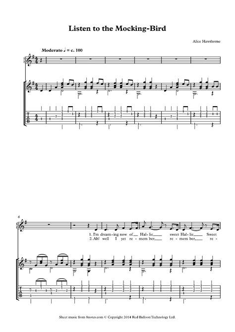 Listen To The Mocking Bird Sheet Music For Guitar And Vocal
