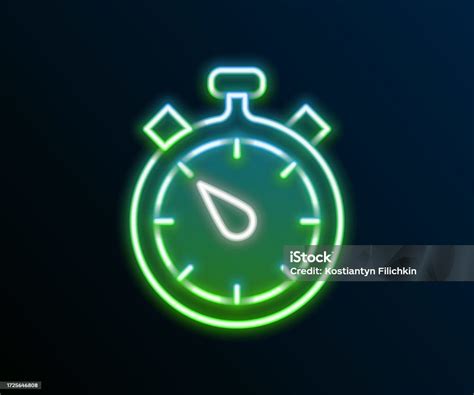 검은 색 배경에 고립 된 빛나는 네온 라인 스톱 워치 아이콘 시간 타이머 기호입니다 크로노미터 기호 다채로운 개요 개념 벡터 0명에 대한 스톡 벡터 아트 및 기타 이미지