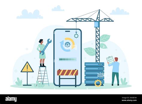 Mobile App Design Development Vector Illustration Cartoon Tiny People