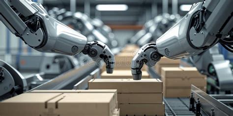Boxes On Conveyor Belt Being Handled By Robotic Arms In A Warehouse For