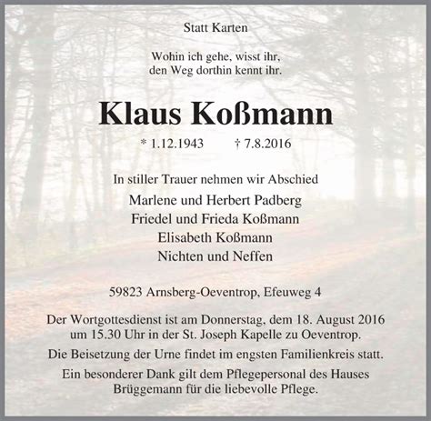 Traueranzeigen Von Klaus Koßmann Trauer In Nrw De
