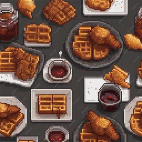 Pixel Art Of Delicious Waffles And Fried Chicken On A Table Premium Ai Generated Image