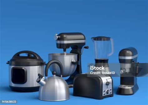 파란색 배경에 아침 식사를 만들기위한 전기 주방 용품 및기구 3차원 형태에 대한 스톡 사진 및 기타 이미지 3차원 형태