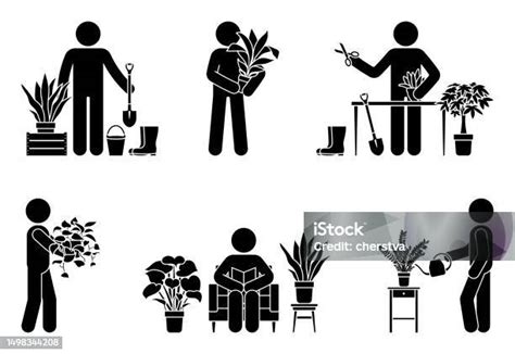 스틱 피규어 남자 정원 가꾸기 홈 꽃 벡터 일러스트레이션 세트 Stickman 사람 집 심기 아이콘 실루엣 픽토그램 가정의 방에 대한 스톡 벡터 아트 및 기타 이미지