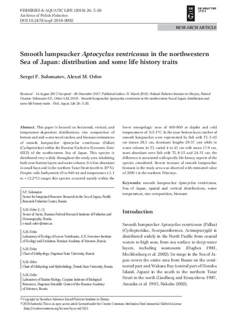 Pdf Smooth Lumpsucker Aptocyclus Ventricosus In The Northwestern Sea