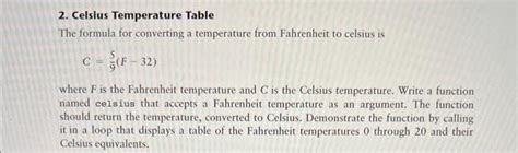 Solved 2 Celsius Temperature Table The Formula For Chegg Com