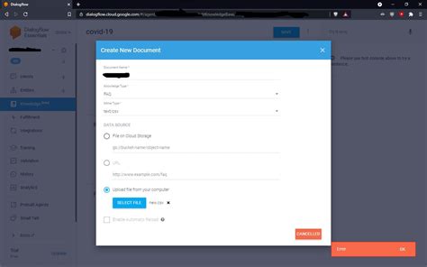 knowledge base csv upload error dialogflow
