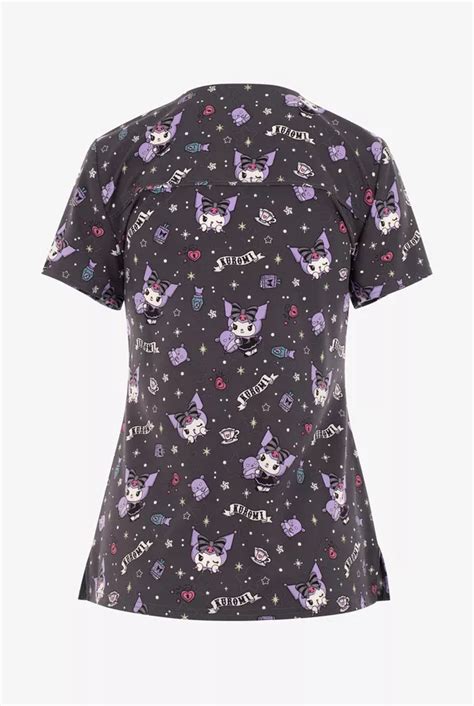 Tooniforms Kuromi Fortunes Womens 2 Pocket Stretch V Neck Print Scrub
