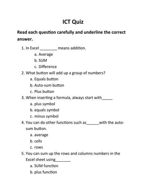 Ict Quiz Read Each Question Carefully And Underline The Correct Answer Pdf Computers