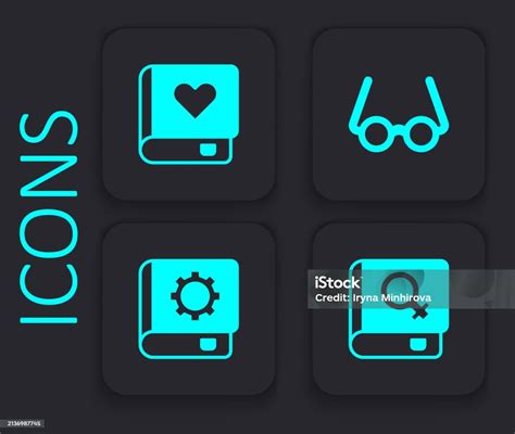 여성에 관한 책 로맨스 책 안경 및 사용 설명서 아이콘을 설정합니다 검은색 사각형 버튼입니다 벡터 0명에 대한 스톡 벡터 아트