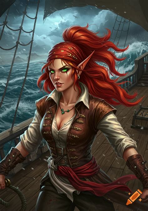 Detailed Illustration Of A Red Haired Female Pirate In A Leather Vest