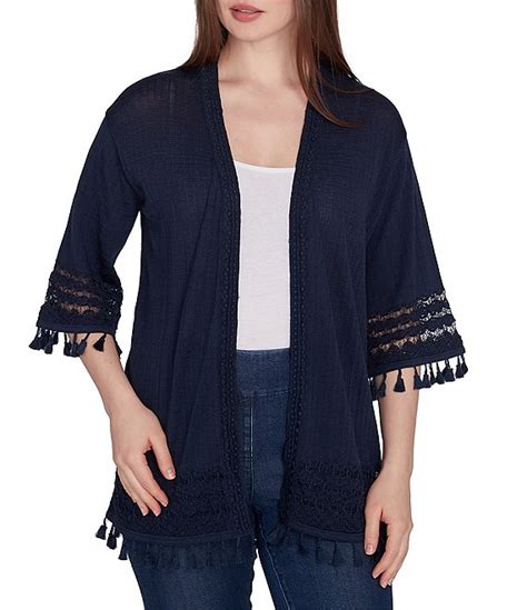 Ruby Rd Fine Gauze Tassel Lace Trim 34 Sleeve Open Front Cardigan