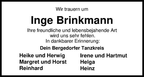 Traueranzeigen Von Inge Brinkmann Nordwest Trauer De