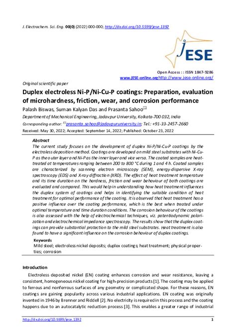 Duplex Electroless Ni Pni Cu P Coatings Preparation Evaluation Of Microhardness Friction