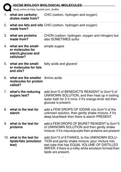 Igcse Biology Biological Molecules Exam Questions And Answers 100 Correct With Complete