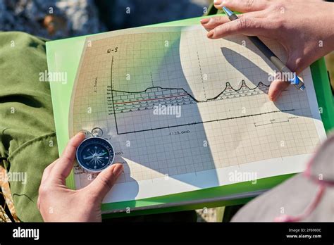Woman Explorer And Geographer Analyzes The Environment With A Compass
