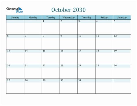 October 2030 Monthly Calendar Template