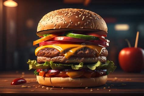 Big Tasty Hamburger On Wooden Table Ai Generative Stock Illustration