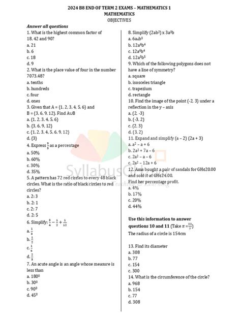 2024 B8 End Of Term 2 Exams Mathematics 1 Pdf Mathematics