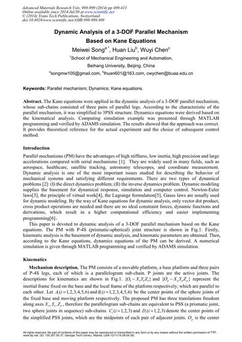 PDF Dynamic Analysis Of A DOF Parallel Mechanism Based On Kane Equations DOKUMEN TIPS