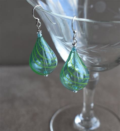 Blown Glass Earrings Hand Blown Teardrop Turquoise Blue Glass Earrings
