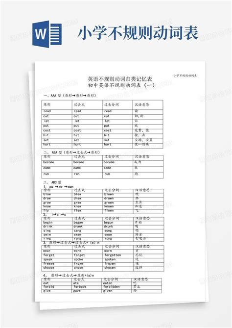 小学不规则动词表word模板下载 编号lzeroeea 熊猫办公
