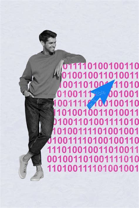 Exclusive Image Vertical Photo Collage Of Happy Freelancer Man Programmer Stand Cursor Point