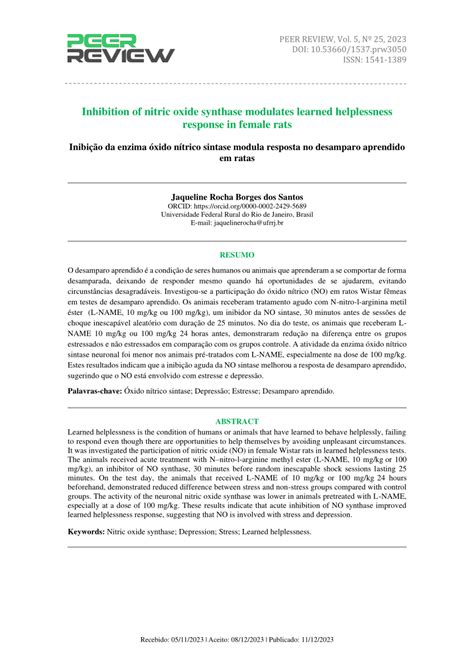 Pdf Inhibition Of Nitric Oxide Synthase Modulates Learned Helplessness Response In Female Rats