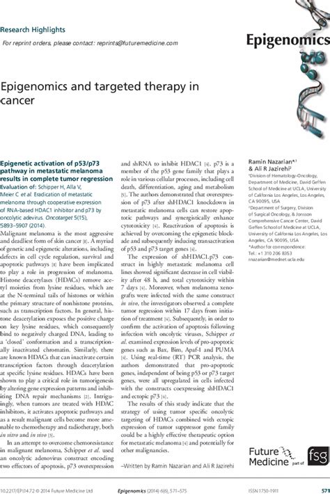 Epigenomics And Targeted Therapy In Cancer Epigenomics Vol 6 No 6