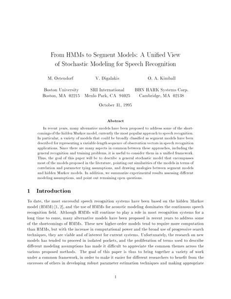 Pdf From Hmms To Segment Models A Unified View Of Stochastic Modeling For Speech Recognition