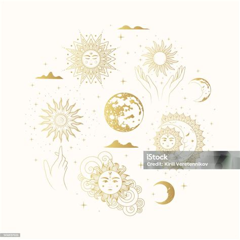 Mystical Sun And Moon Golden Collection Isolated Set Of Esoteric