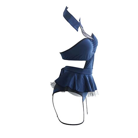 Sexy Blue Woman Cosplay Cop Lingerie Garter Belt Teddy Mesh Skirt Women