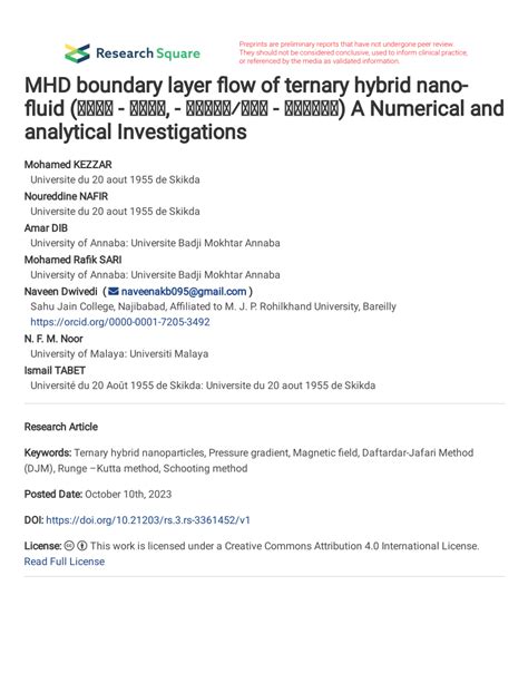 Pdf Mhd Boundary Layer Flow Of Ternary Hybrid Nano Fluid 𝐓𝐢𝐨𝟐 𝐒𝐢𝐨𝟐 𝐀𝐥𝟐𝐨𝟑⁄𝐇𝟐𝐎 𝐂𝟐𝐇𝟔𝐎𝟐 A