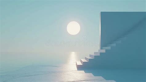 Surreal Minimalist Stairs Leading To The Sun Over A Calm Sea Conceptual Design For Tranquility