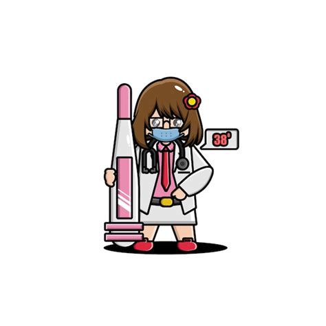 온도계와 귀여운 의사 캐릭터 프리미엄 벡터