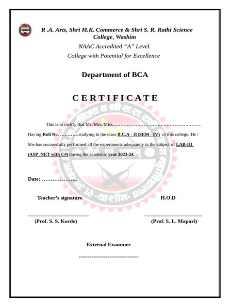 Certificate Bca Ii Sem I Lab I Ii Iii Pdf
