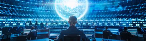 A Futuristic Command Center With Digital Screens And A World Map