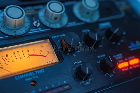 Close Up Of Audio Mixing Console With Illuminated VU Meter Stock Image Image Of Closeup