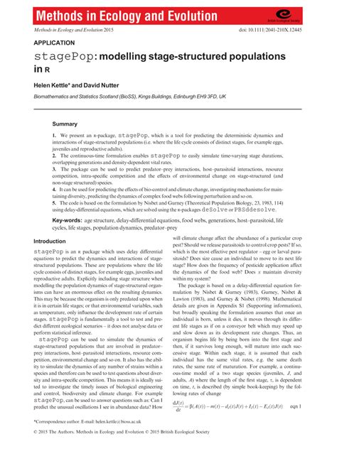 Pdf Stagepop Modelling Stage Structured Populations In R