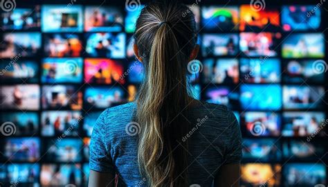 Woman Monitoring Multiple Screens Showing Data And Visualizations Media Monitoring Room Stock