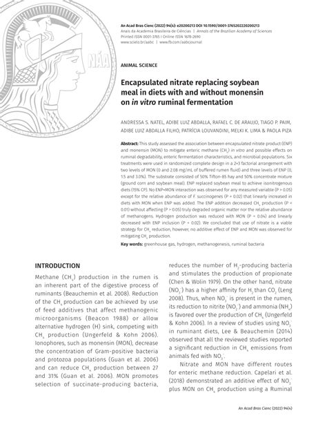 Pdf Encapsulated Nitrate Replacing Soybean Meal In Diets With And Without Monensin On In Vitro
