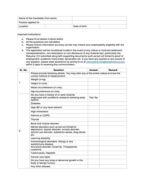 Medical Declaration Form New Joiners 20th Feb23 Pdf Employment Insurance