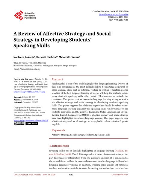 A Review Of Affective Strategy And Social Strategy Pdf Learning English As A Second Or